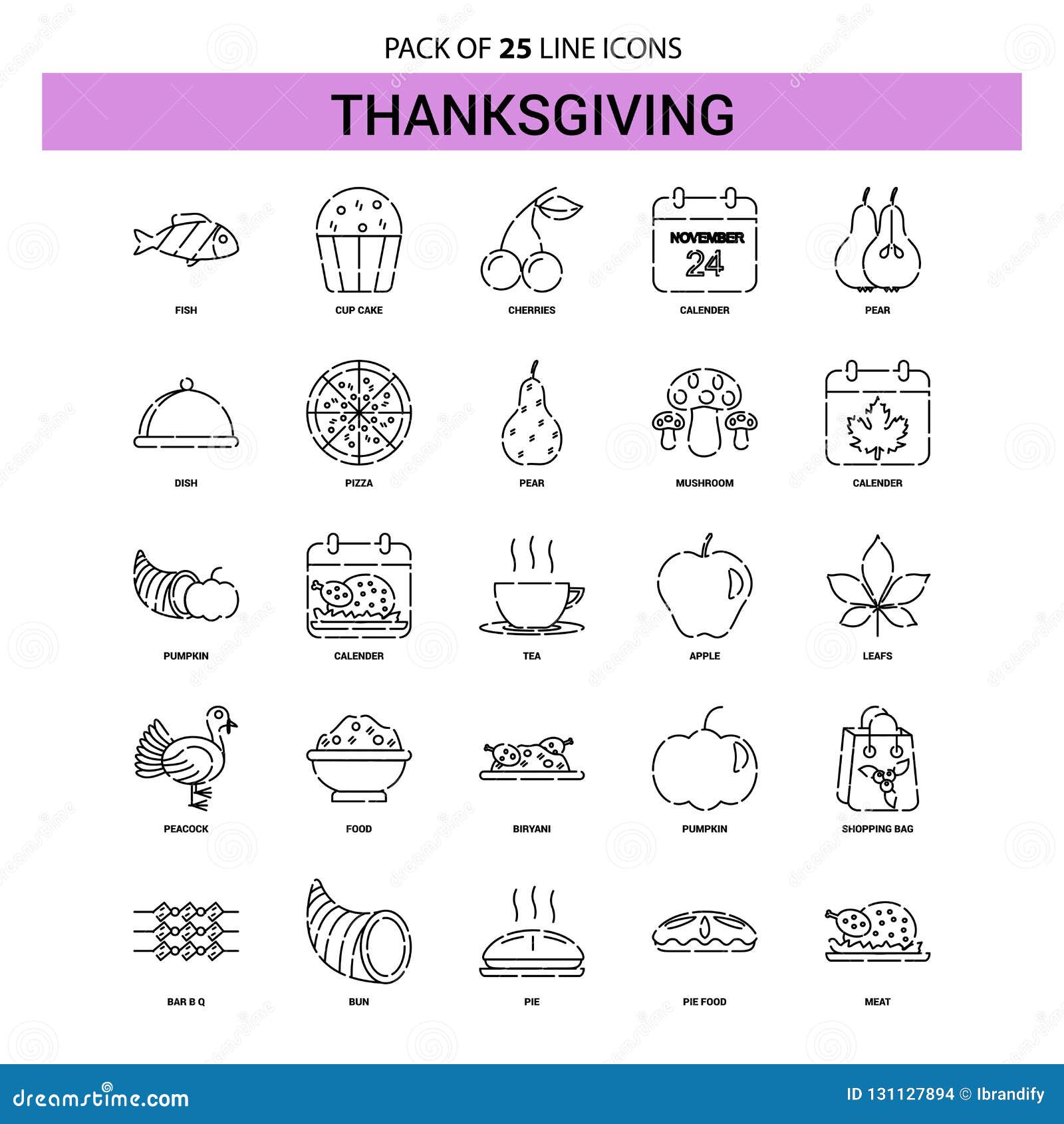 Thanksgiving Line Icon Set - 25 Dashed Outline Style Stock Vector ...