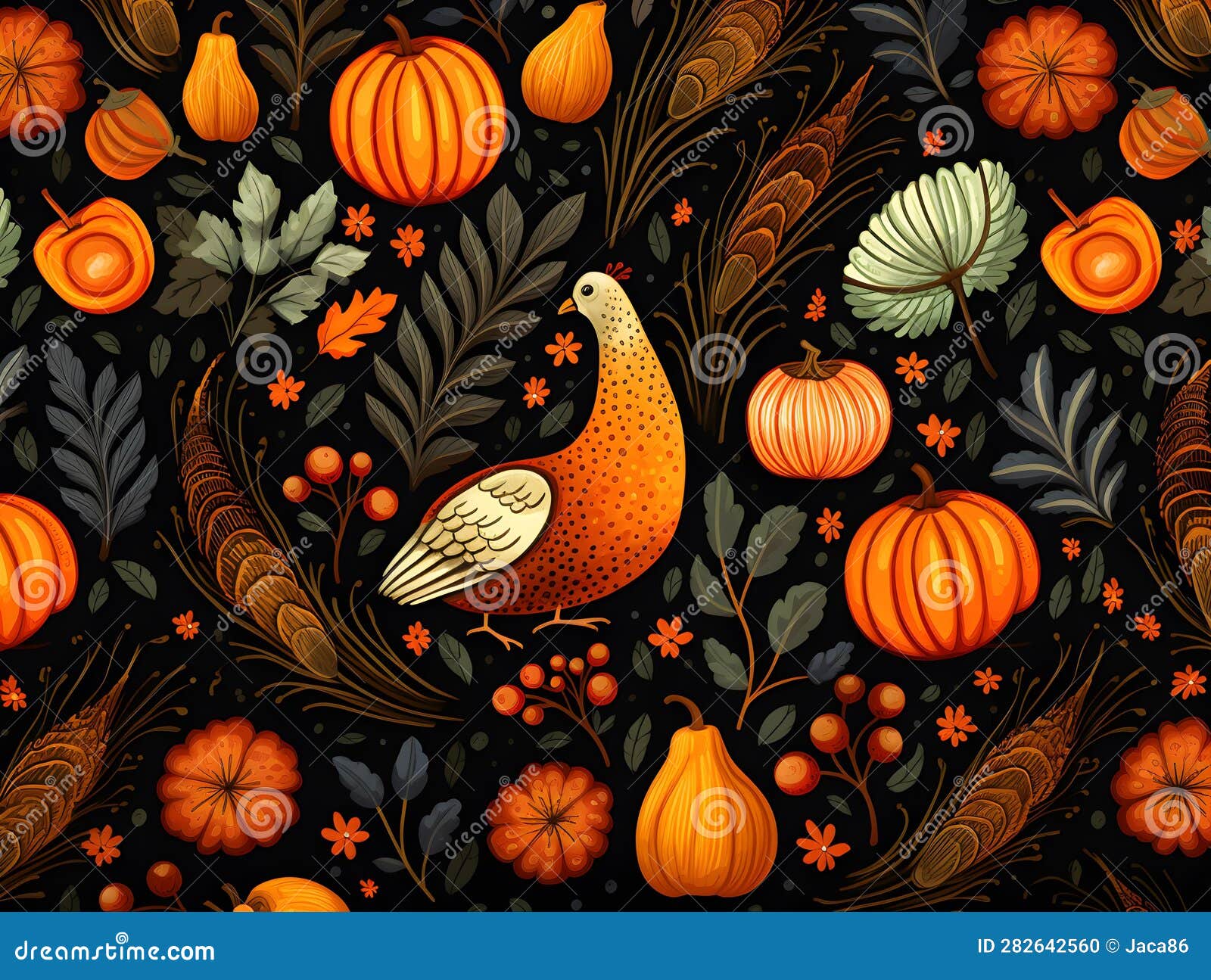 Thanksgiving Pattern with Bird and Autumn Motives with Orange and Green ...