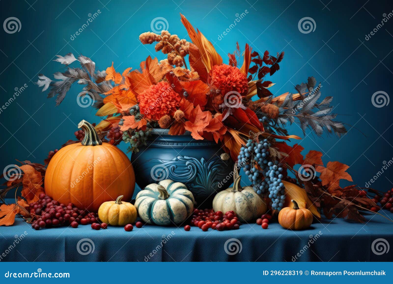Thanksgiving Scene with Fall Foliage Pumpkins and Berries Against a ...