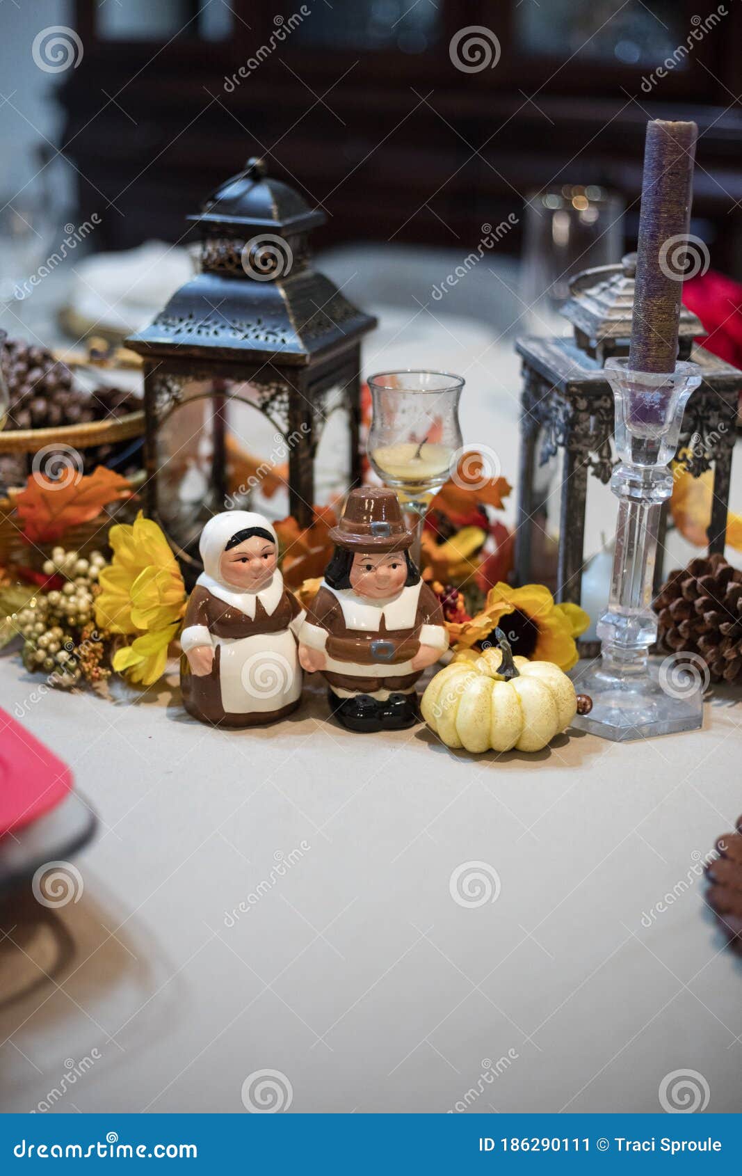 Thanksgiving Table Display Candles Pilgrims Lanterns Stock Image ...
