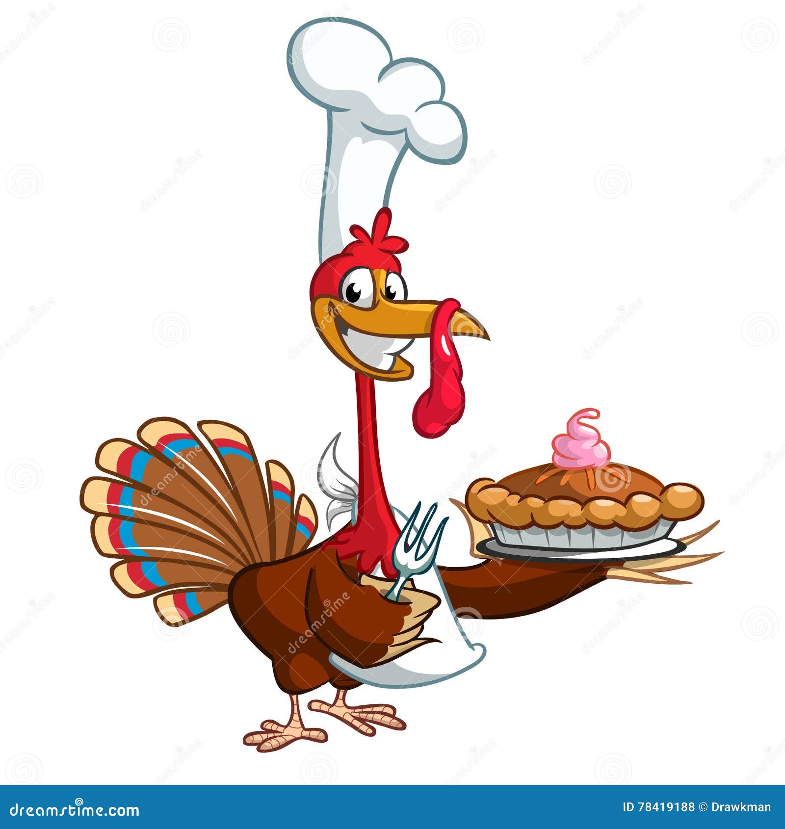 Thanksgiving Turkey Chief Cook Serving Pumpkin Pie. Vector Cartoon ...