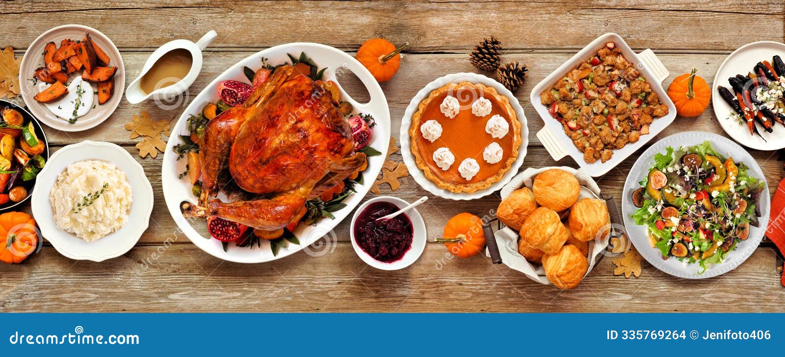 Thanksgiving Turkey Dinner. Above View Table Scene on a Rustic Wood ...