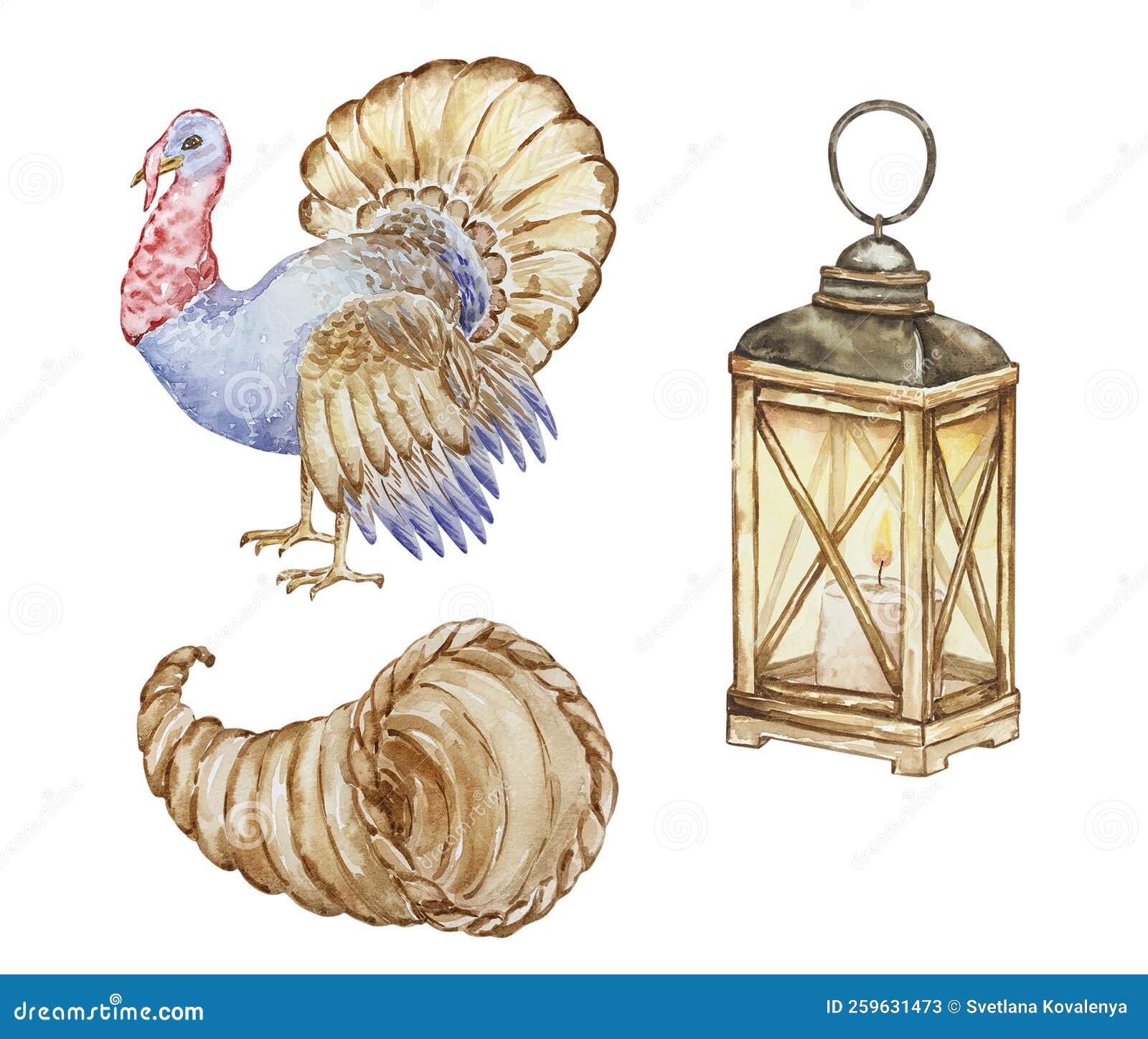 Thanksgiving Watercolor Elements, Cornucopia, Turkey and Lantern Stock ...