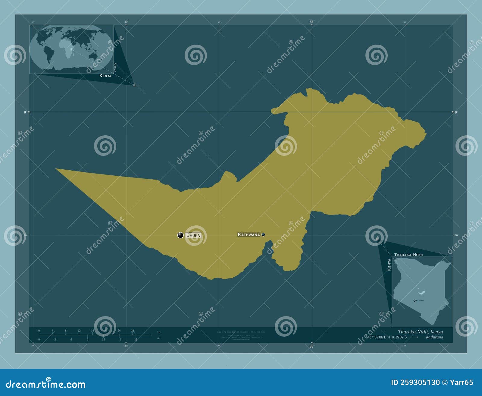 Tharaka-Nithi, Kenya. Solid. Labelled Points of Cities Stock ...