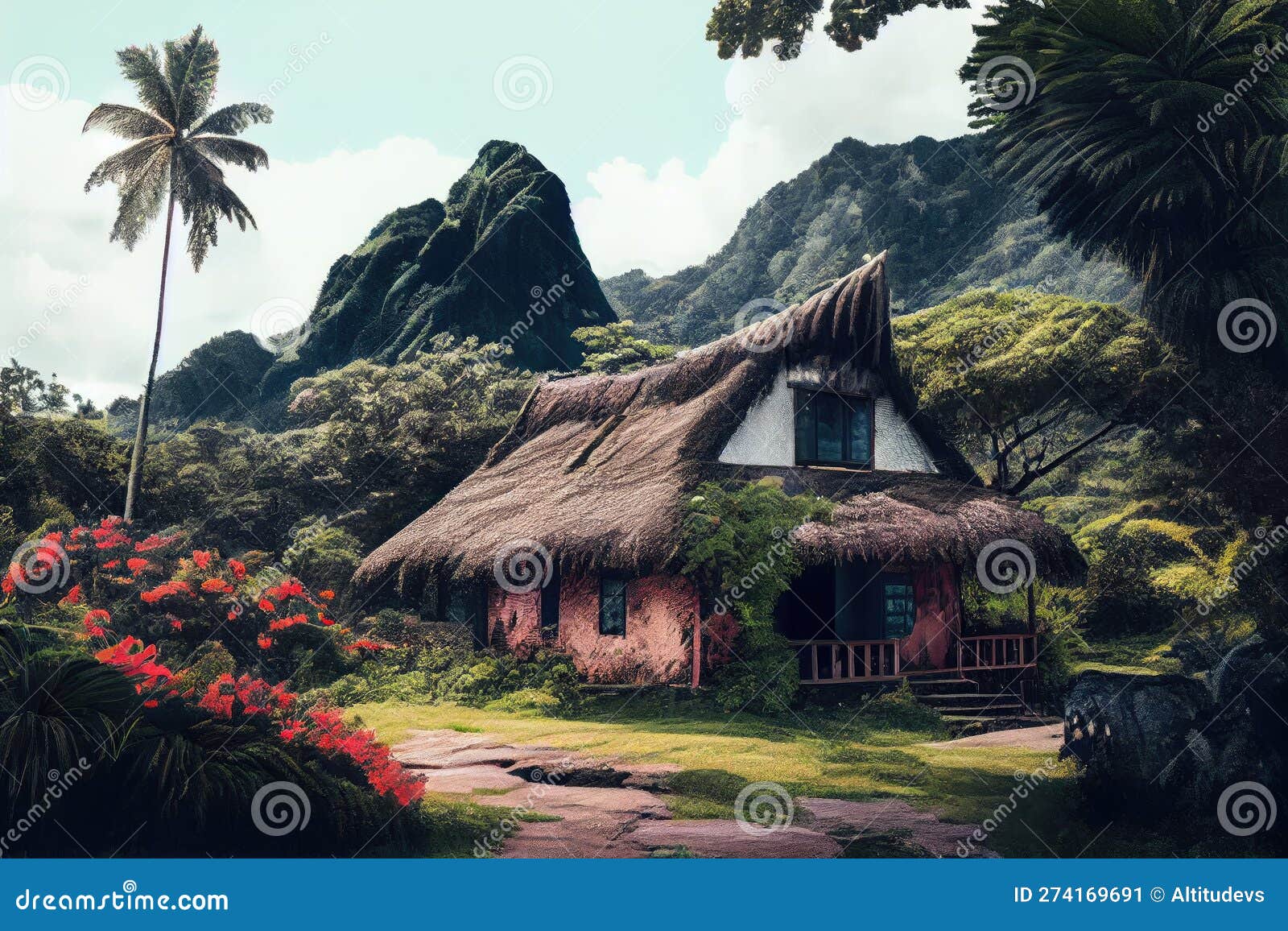 Thatch House Surrounded by Lush Vegetation, with Mountains in the ...