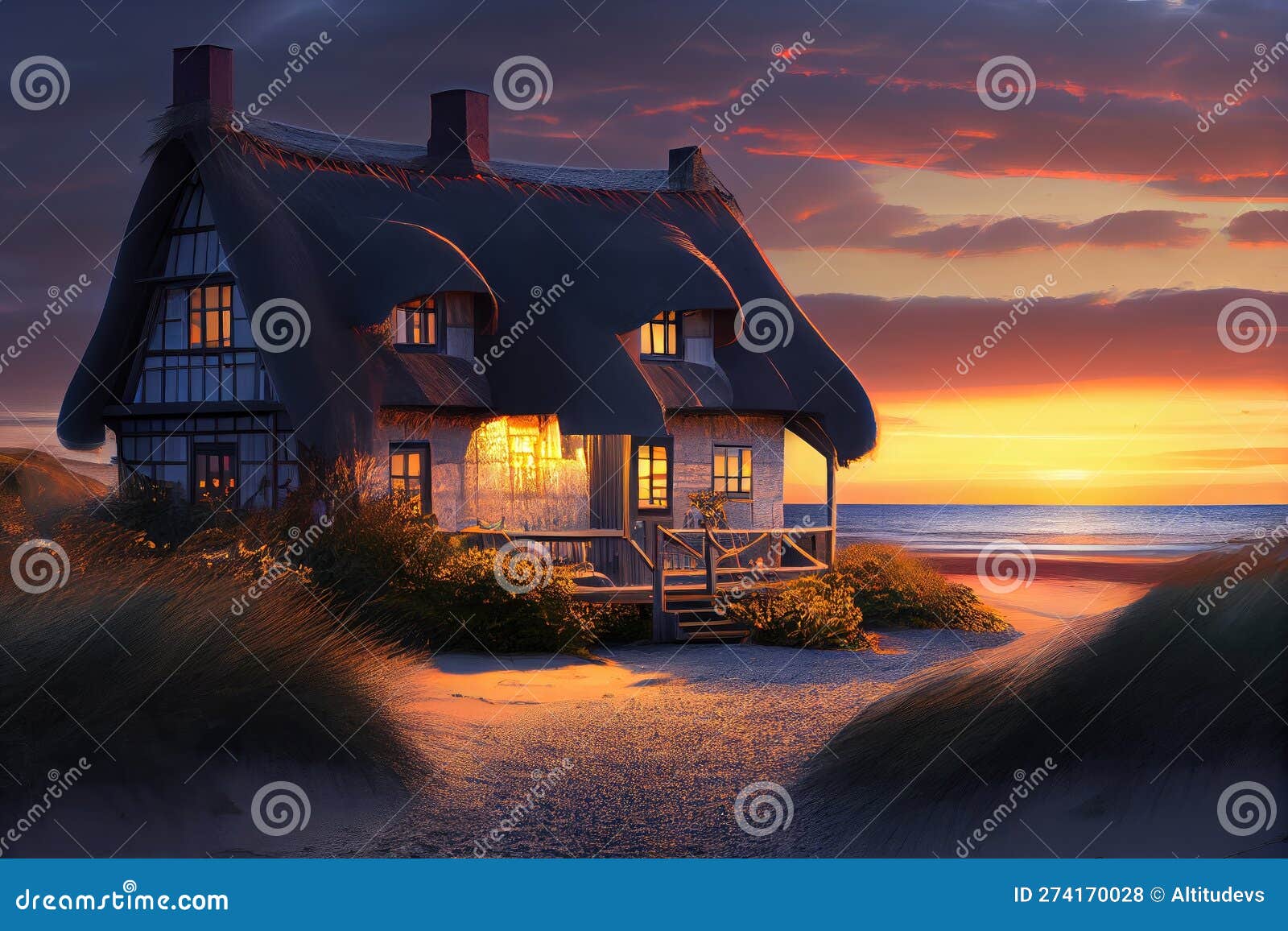 Thatched House, with View of the Beach, during Sunset Stock ...