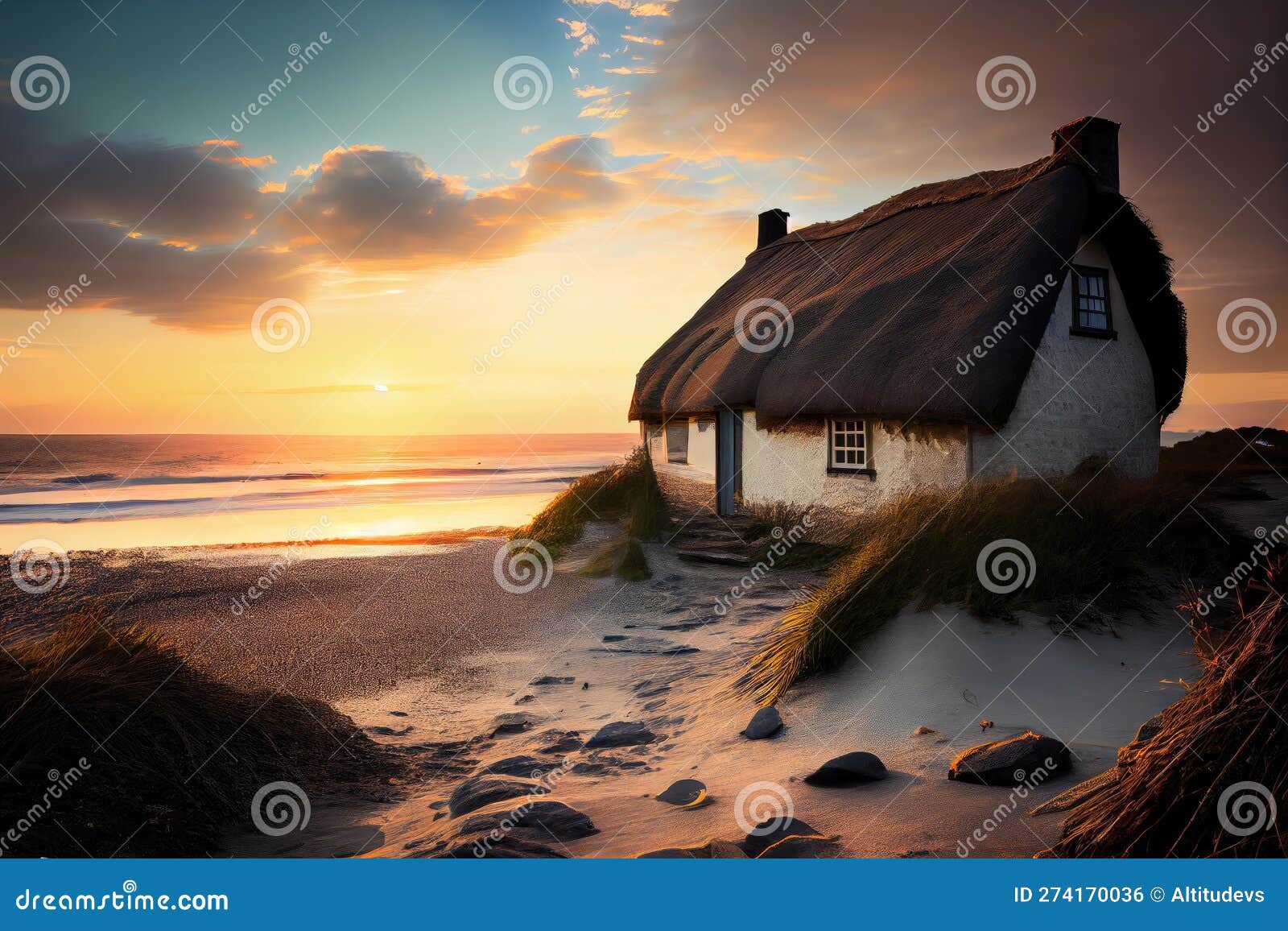 Thatched House, with View of the Beach, during Sunset Stock ...