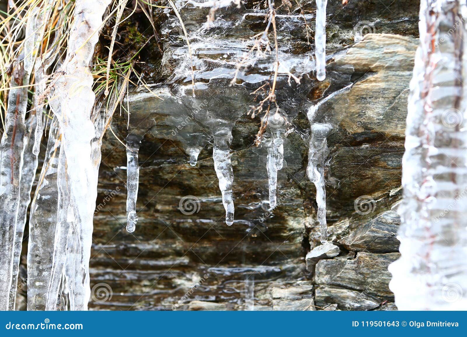 The Thawing Icicles with the Falling Water Drop in the Mountains Stock ...