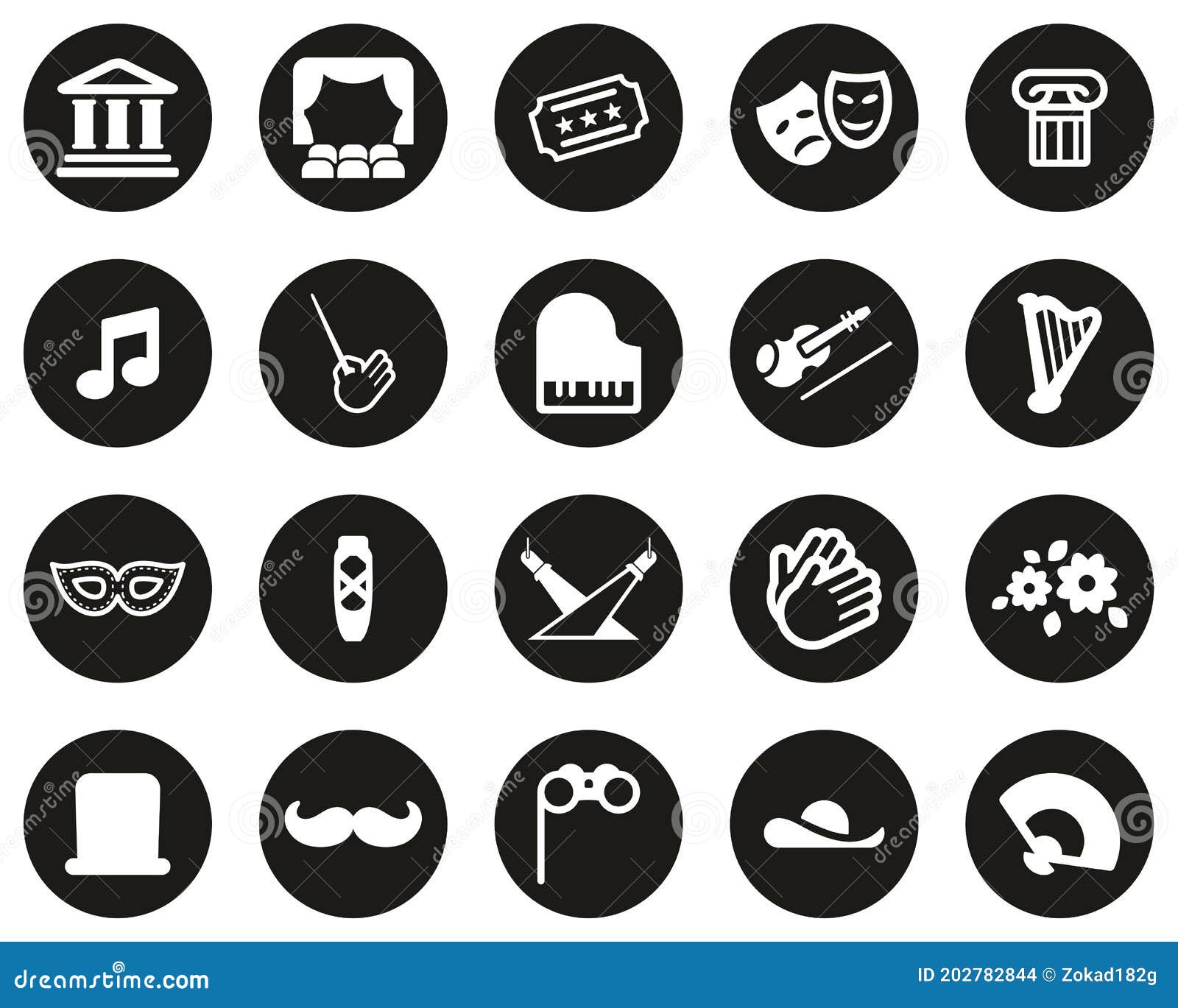 Theater or Opera Icons White on Black Flat Design Circle Set Big Stock ...