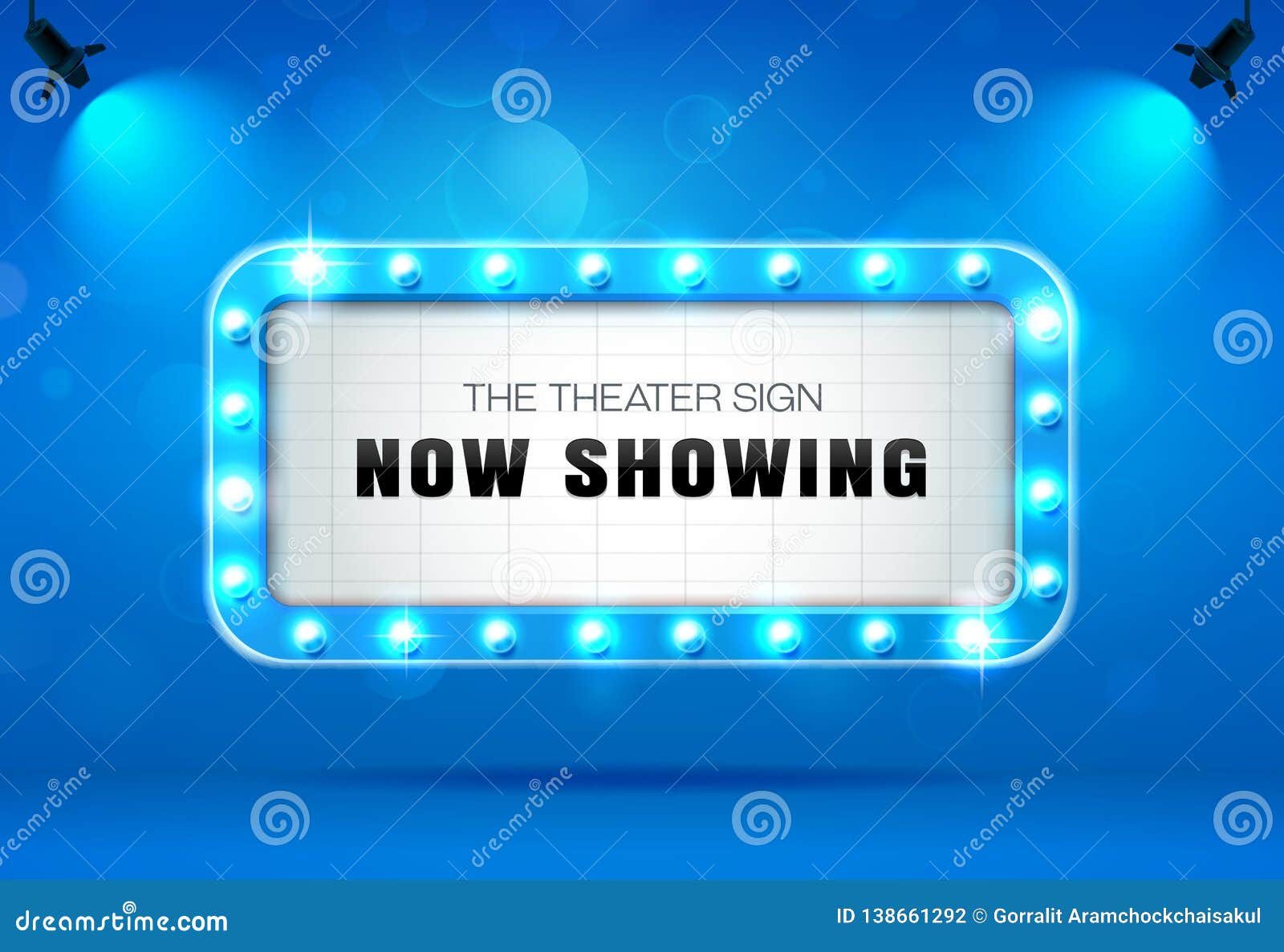 Theater Sign on Curtain Blue with Spotlight Stock Vector - Illustration ...