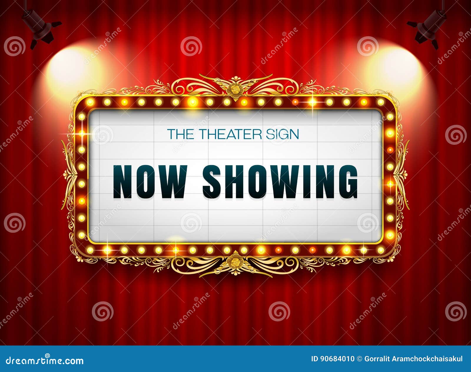 Theater Sign on Curtain with Spotlight Stock Vector - Illustration of ...