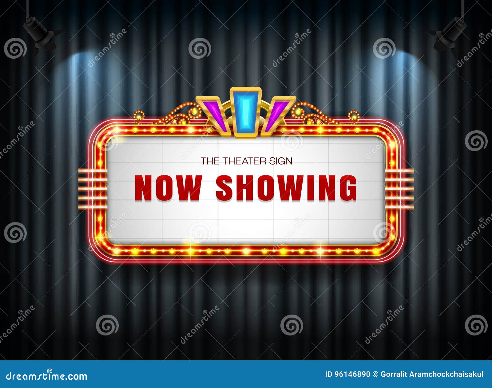 Theater Sign Retro on Curtain with Spotlight Stock Vector ...