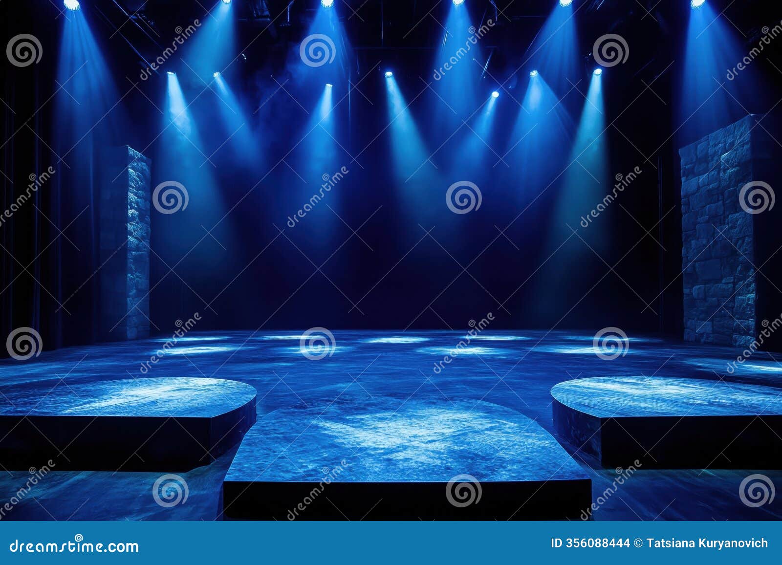 Theater Stage with Blue Lighting and Circular Platforms, Dramatic ...