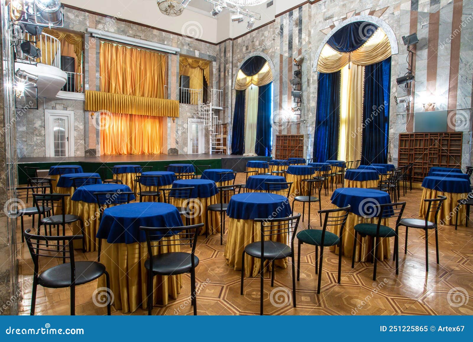 Theater Stage in Front of Tables in an Empty Caf Stock Image - Image of ...