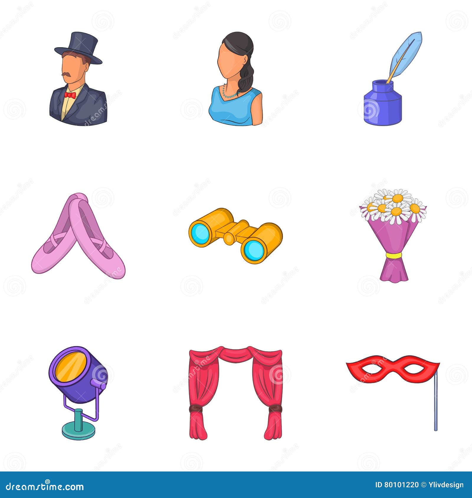 Theatre Icons Set, Cartoon Style Stock Vector - Illustration of mask ...