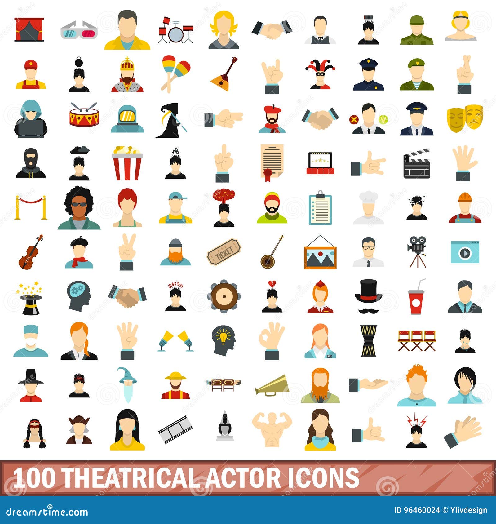 100 Theatrical Actor Icons Set, Flat Style Stock Vector - Illustration ...