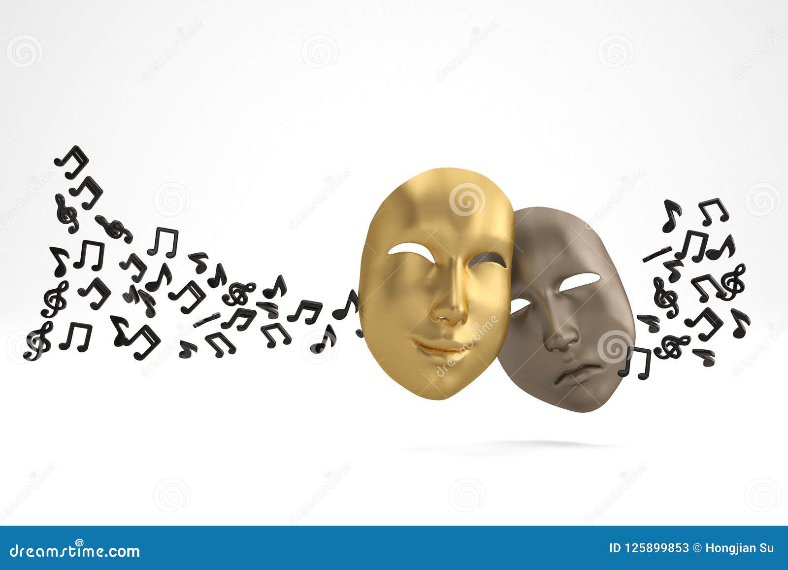 Theatrical Mask and Music Notes 3d Illustration. Stock Illustration ...