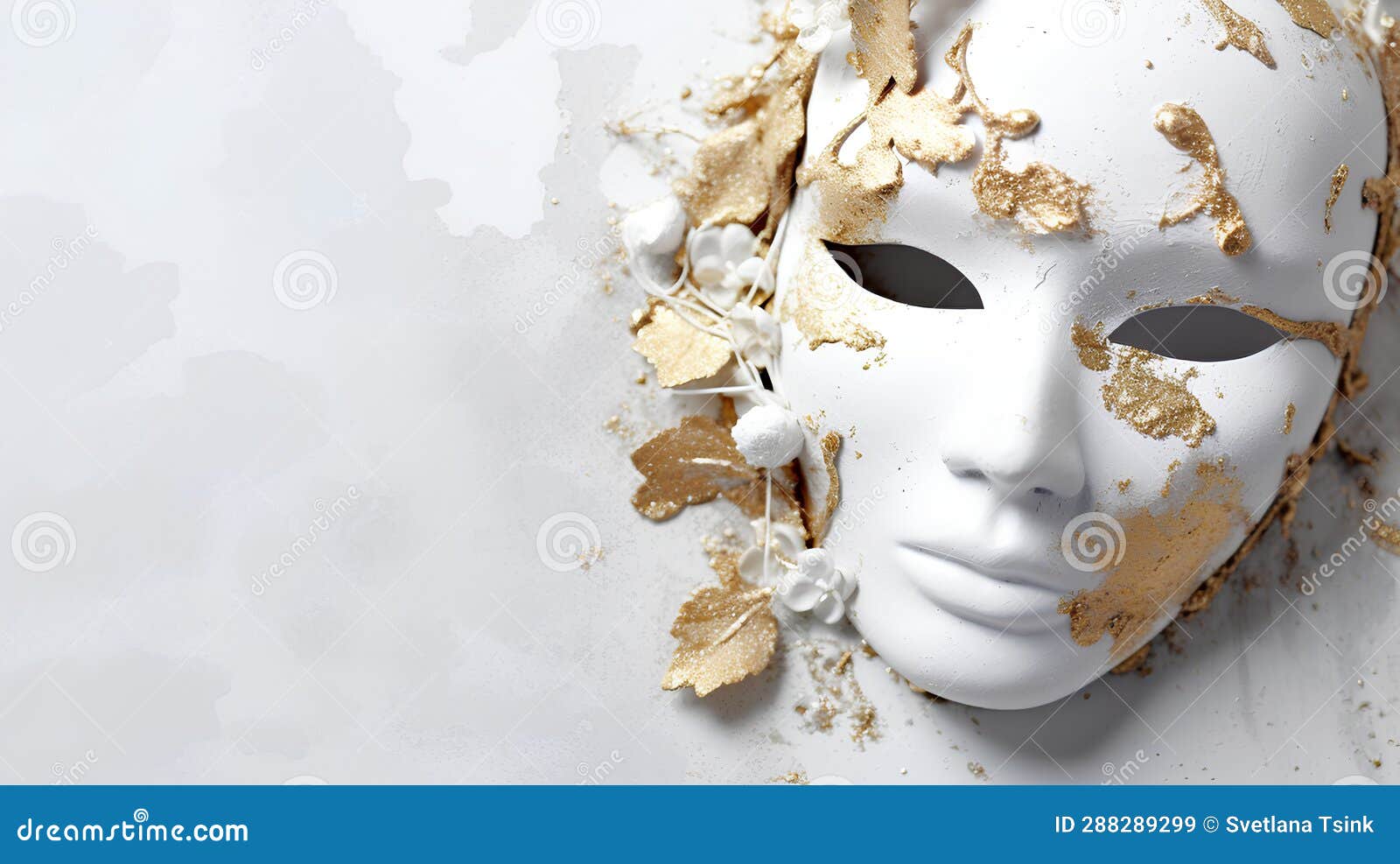 Theatrical White Plaster Mask with a Gold Pattern on a White Background ...