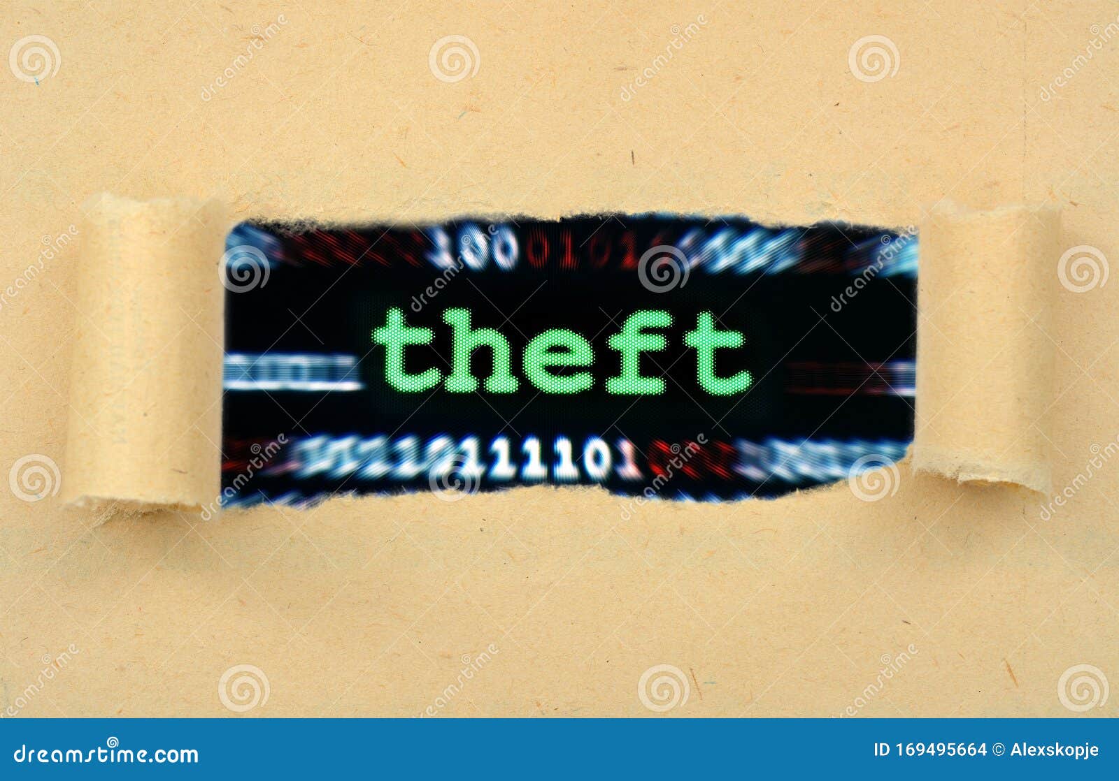 Theft text on ripped paper stock photo. Image of technology - 169495664