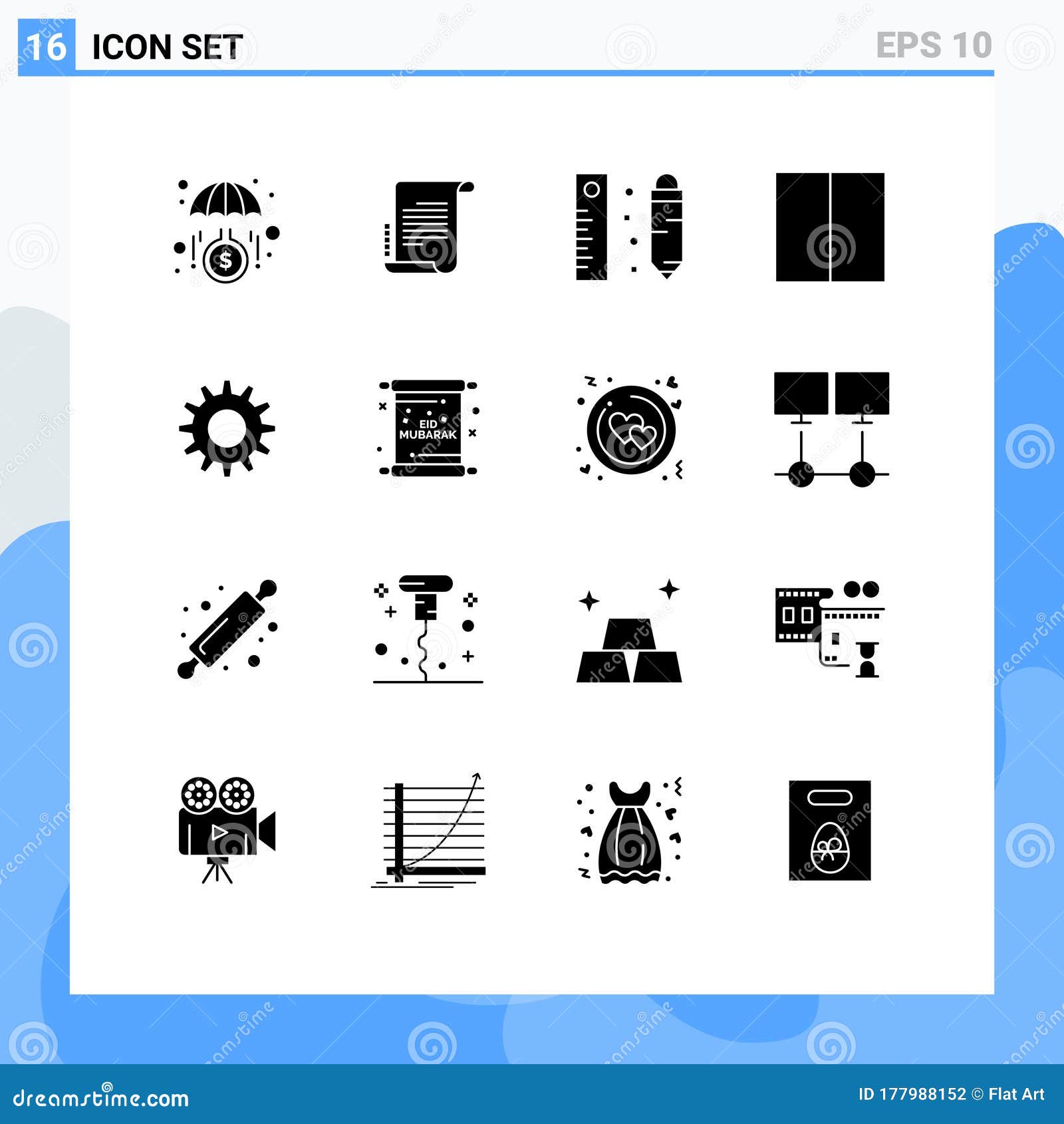 16 Thematic Vector Solid Glyphs and Editable Symbols of Gear, Workspace ...