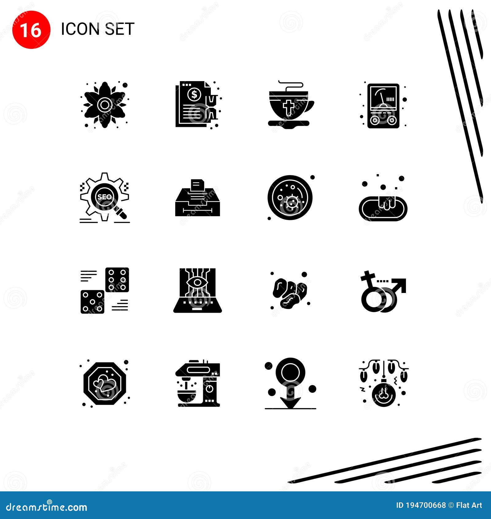 16 Thematic Vector Solid Glyphs and Editable Symbols of Seo, Voltmeter ...