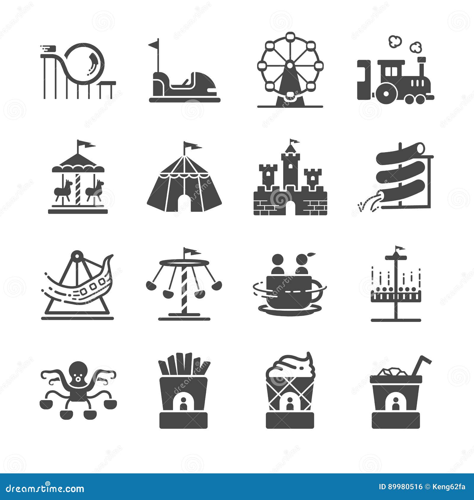 Theme park icons set stock vector. Illustration of happiness - 89980516