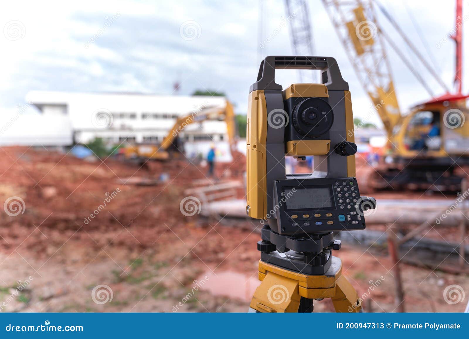 Theodolite Equipment of Surveyor Builder Engineer during Surveying Work ...
