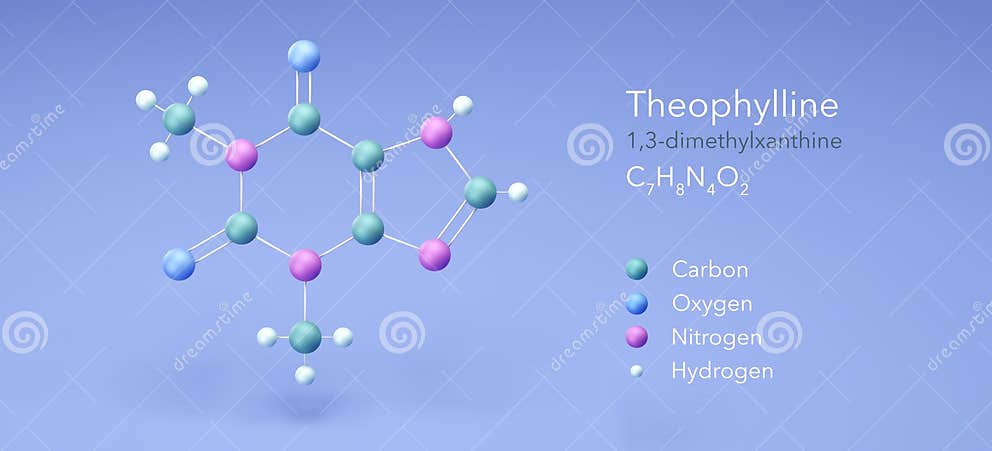 Theophylline, 1,3-dimethylxanthine. Molecular Structures, 3d Rendering ...