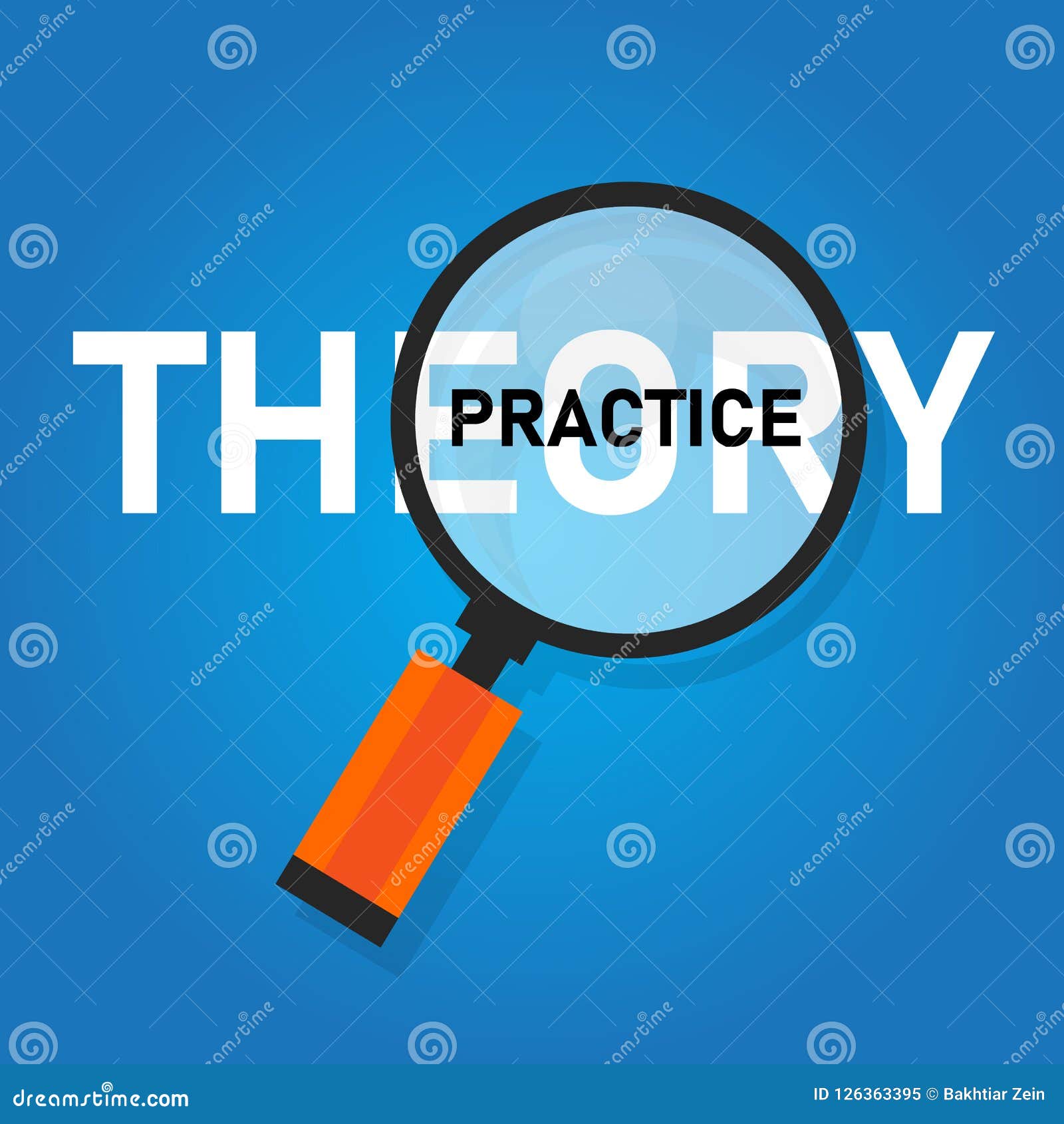Theory Practice Concept Word Zoomed With Magnifying Glass. Illustration ...