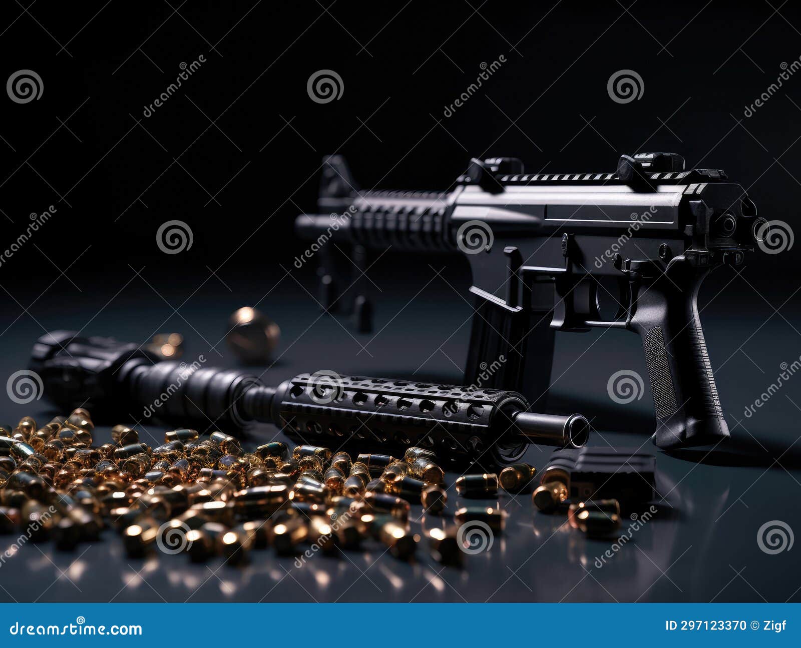 There is Black Gun on Top of Table with Several Bullets Lying Around it ...
