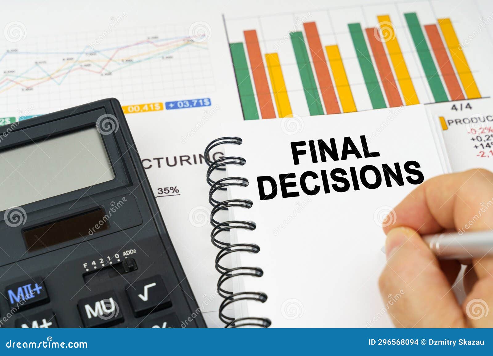 There is a Calculator on the Table, Business Charts, a Man Made a Note ...