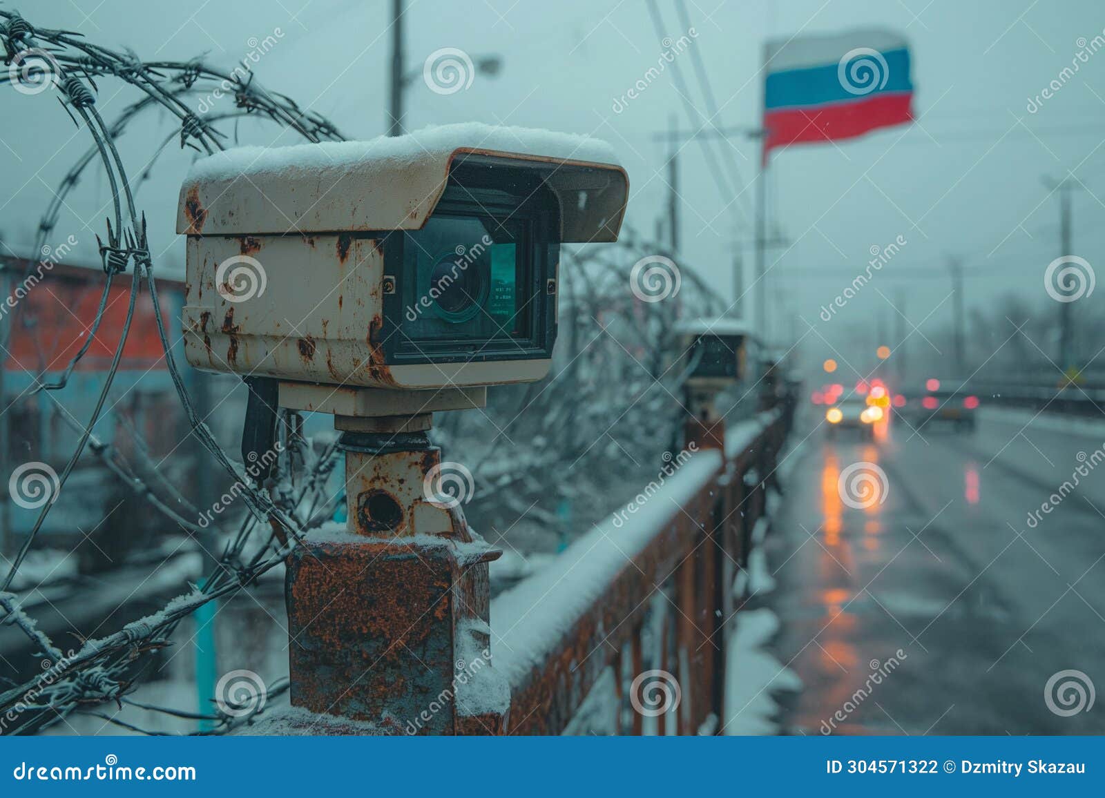 There is a CCTV Camera and Barbed Wire Against the Background of the ...