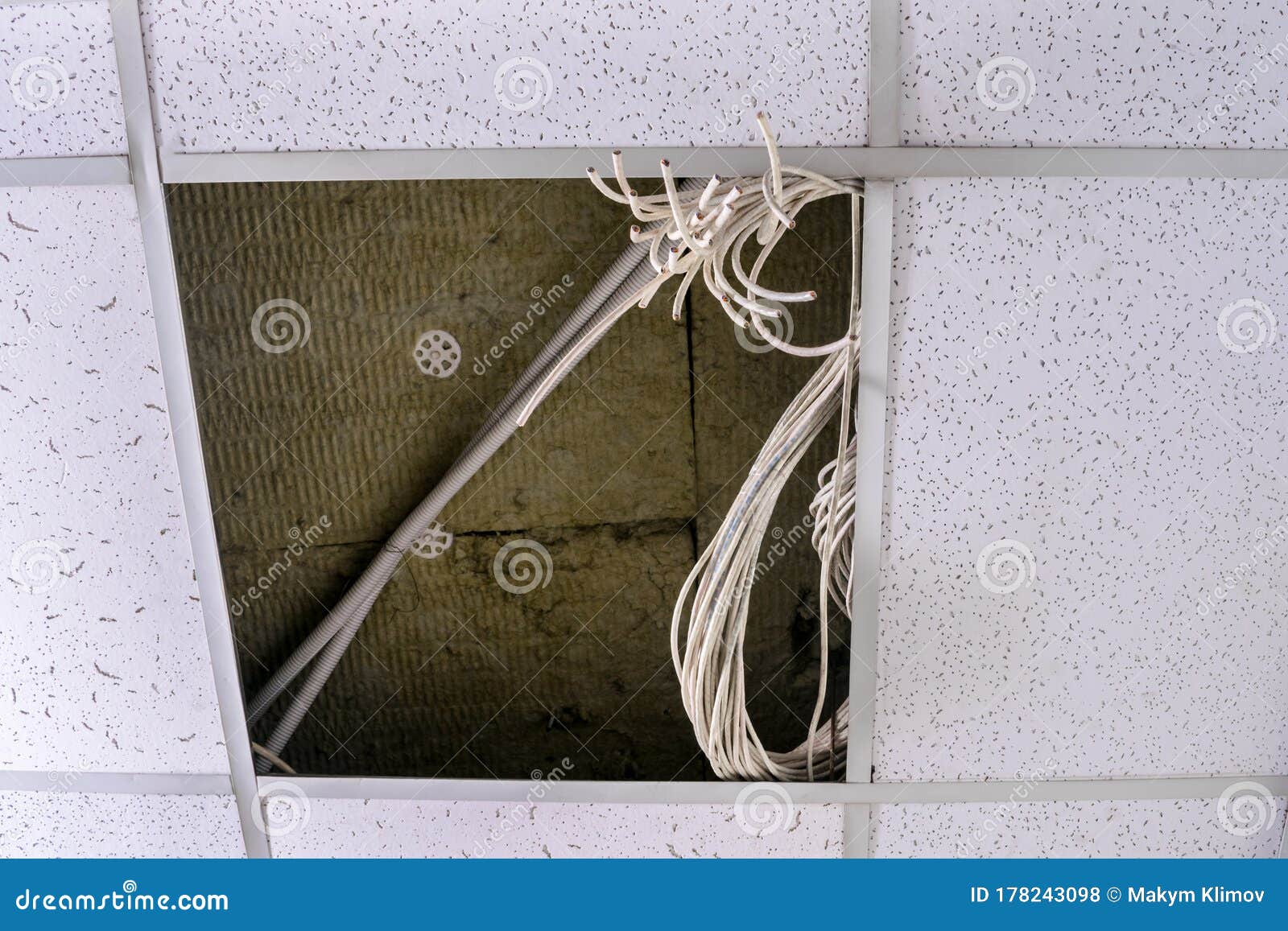 There are Dangling White Cables Above the False Ceiling. Electrical ...