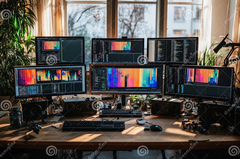 There is a Desk Featuring Three Computer Monitors Set Up in a Room ...
