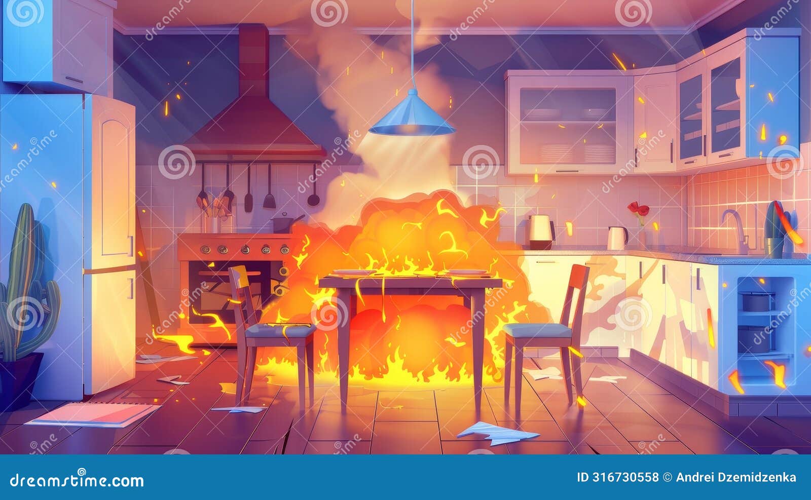 There is a Dining Table in a Kitchen that Has Been Damaged by a Fire ...