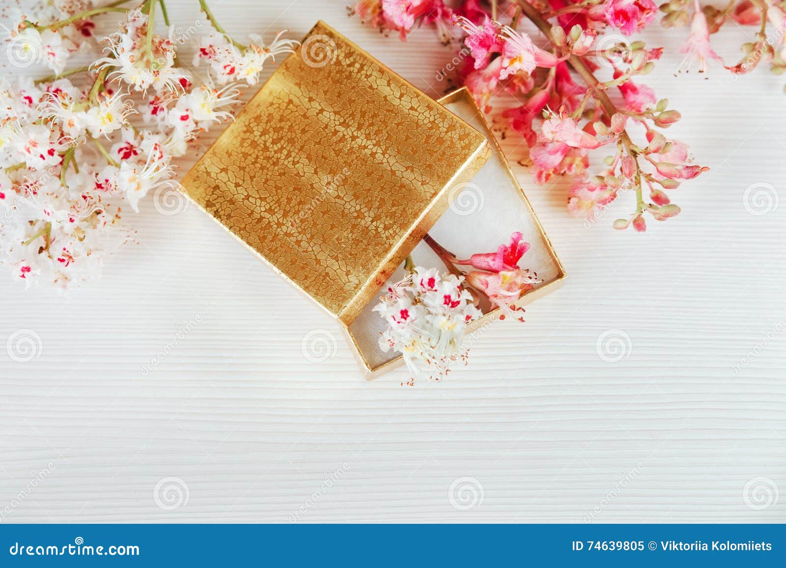 There Gold Open Box with White and Pink Branches of Chestnut Tree are ...