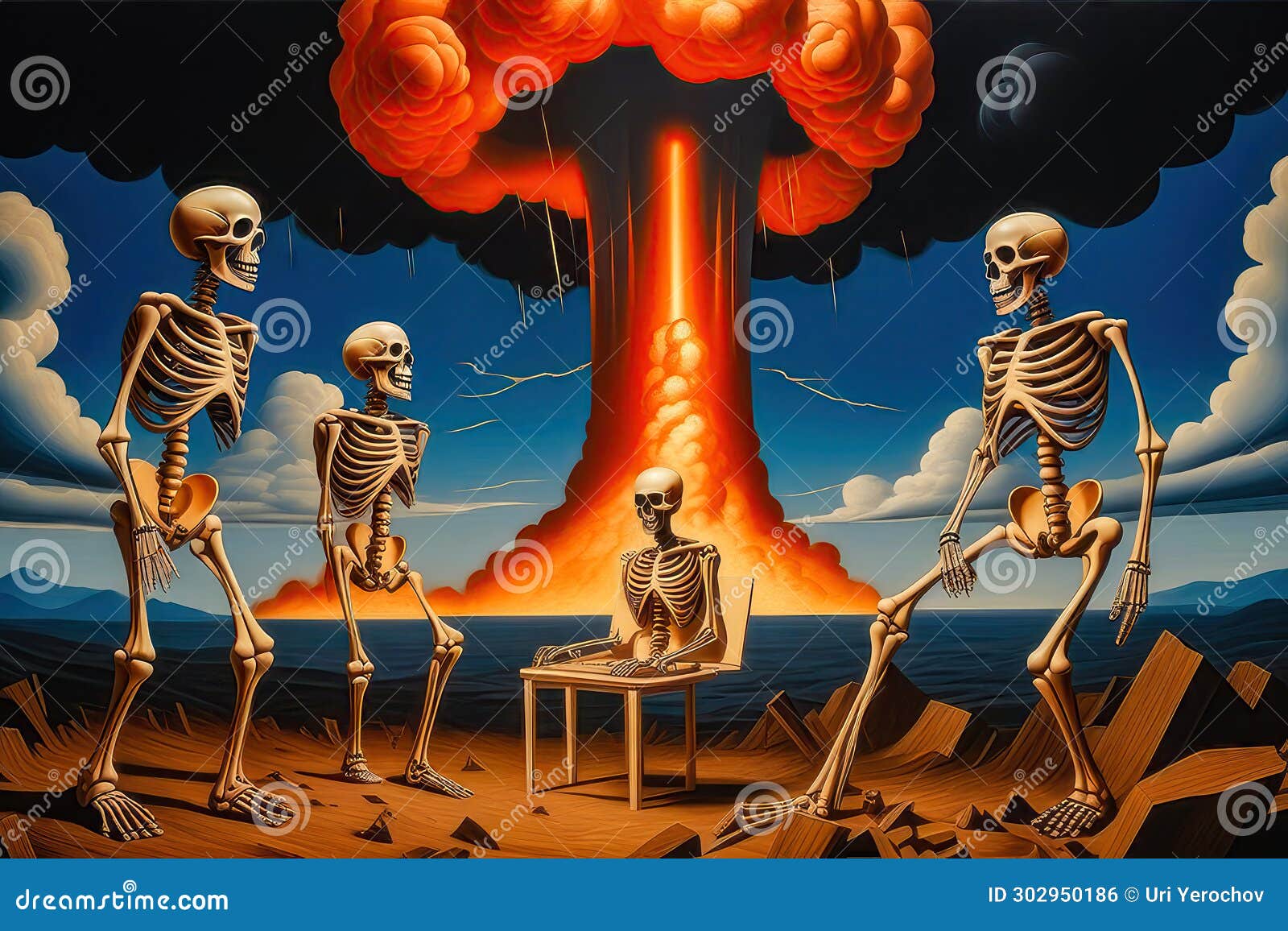 There are Human Skeletons in the Background of a Nuclear Explosion. the ...