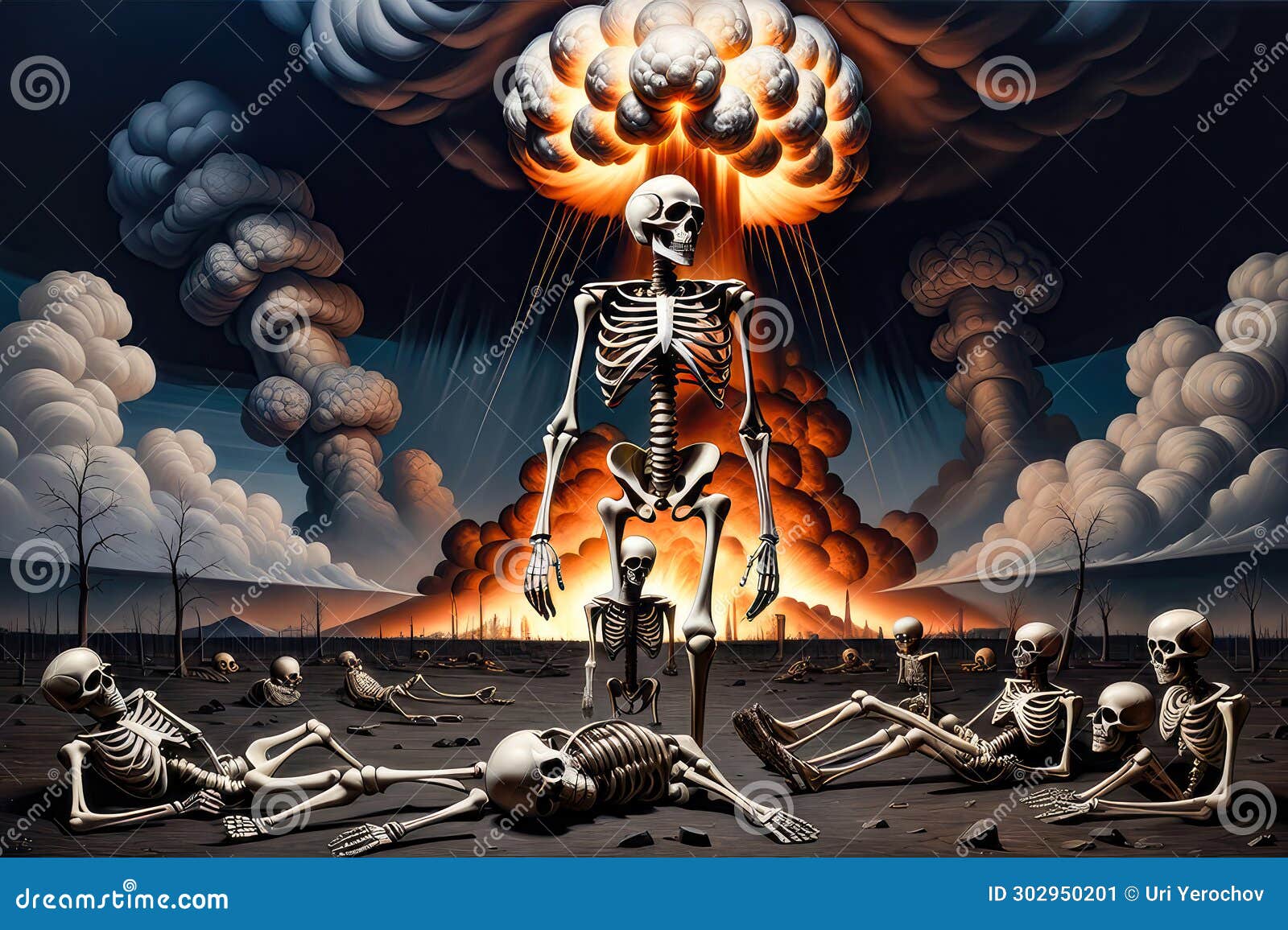 There are Human Skeletons in the Background of a Nuclear Explosion. the ...