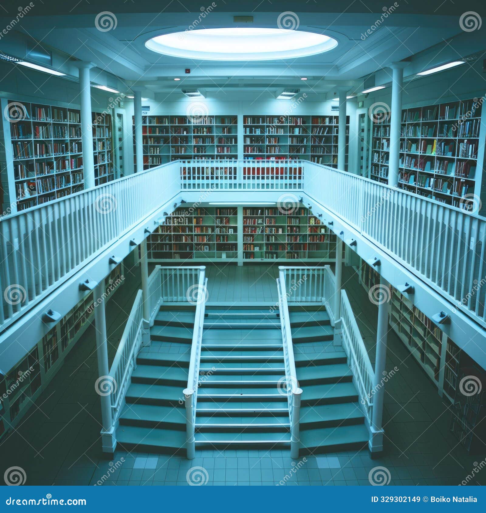 There is a Library that Features Stairs Leading Up To the Second Floor ...