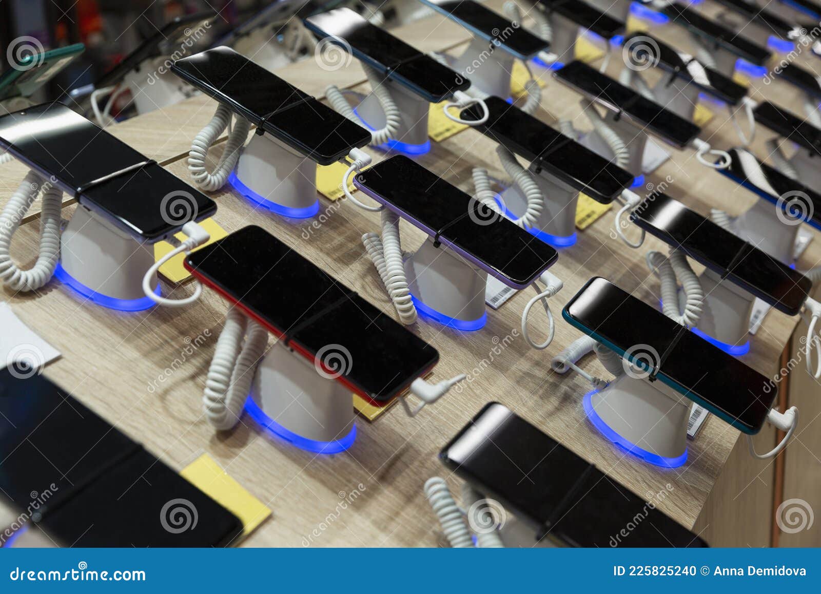 There are Many Different Phones on the Counter in the Store. Close-up ...