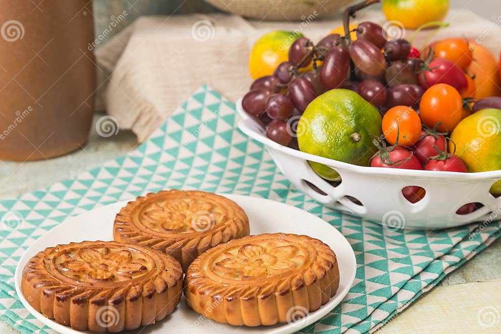 Mooncakes and Fruit on the Table Stock Photo - Image of china, tomatoes ...