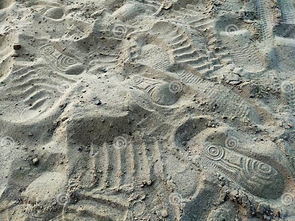 There are Multiple Footprints Left in the Sand Stock Photo - Image of ...
