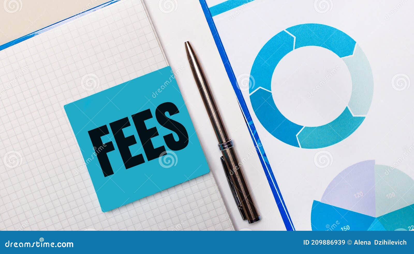There is a Pen between the Blue Sticky Note with the Text FEES and the ...