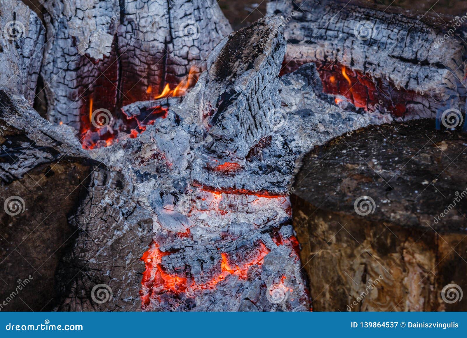 Red Coal and Fire Flames in the Middle of the Campfire Stock Image ...