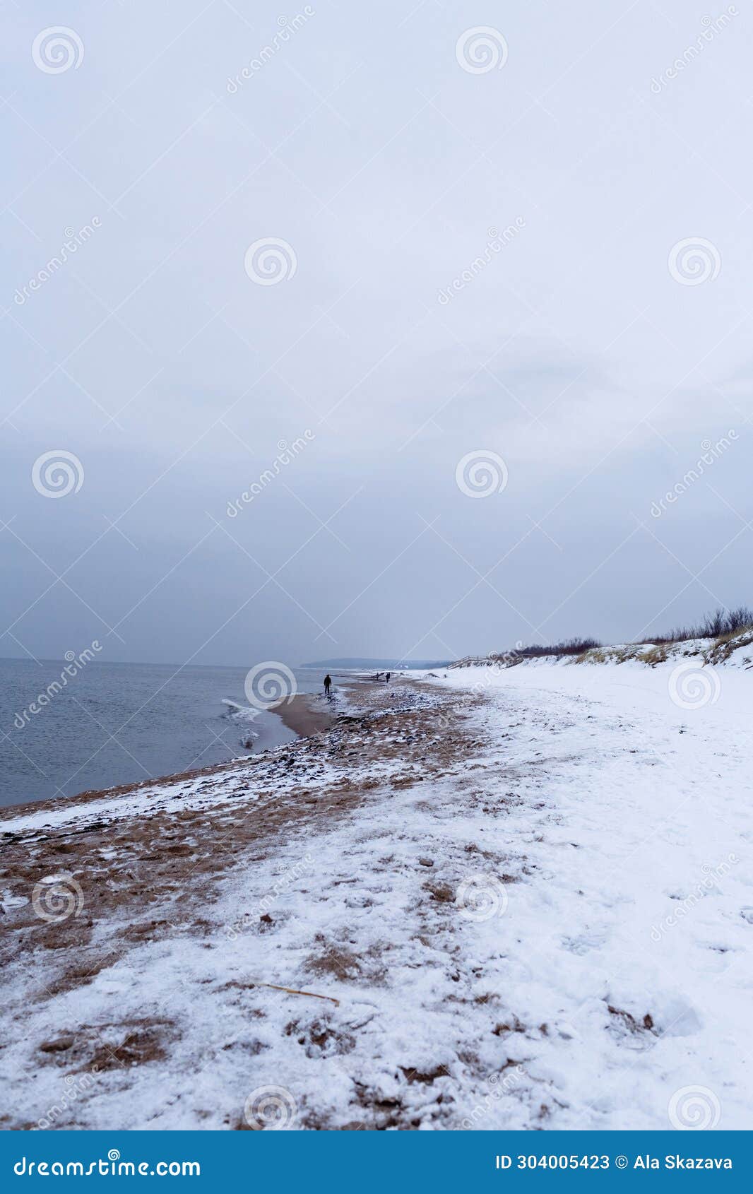 There is Snow on the Seashore, People are Walking in the Distance Stock ...