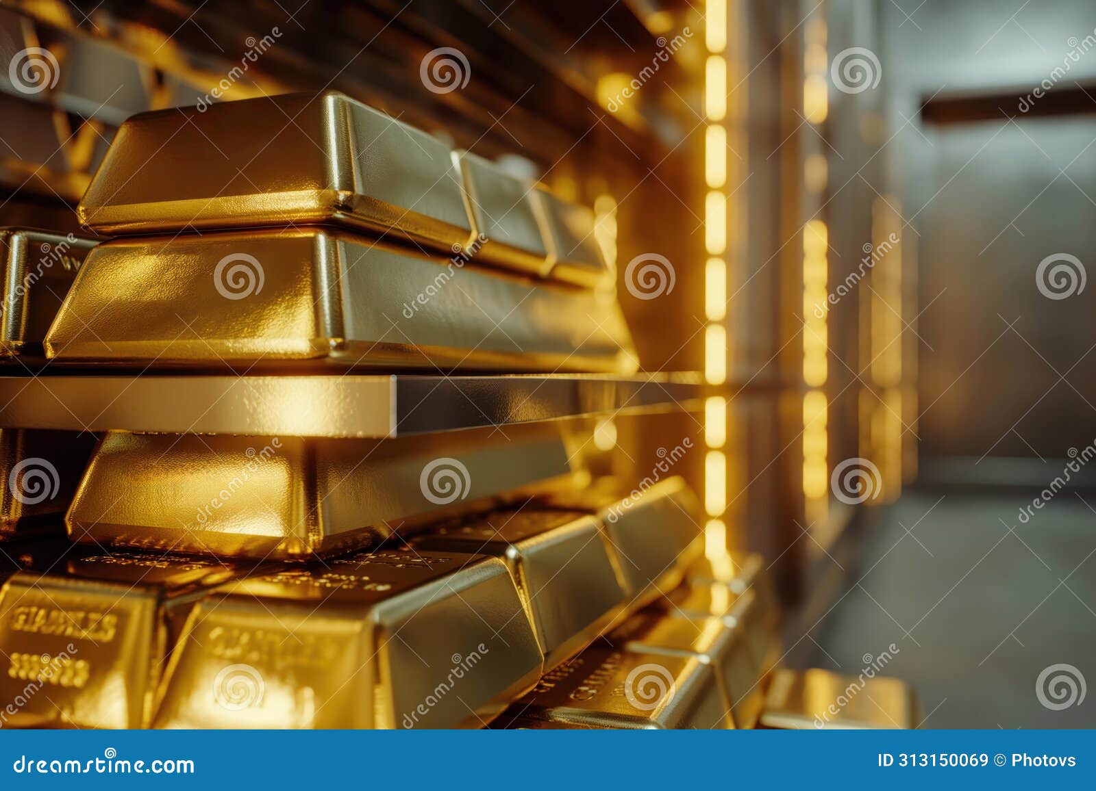 There is Stack of Large Gold Bars in Secure Bank Vault that Provides ...
