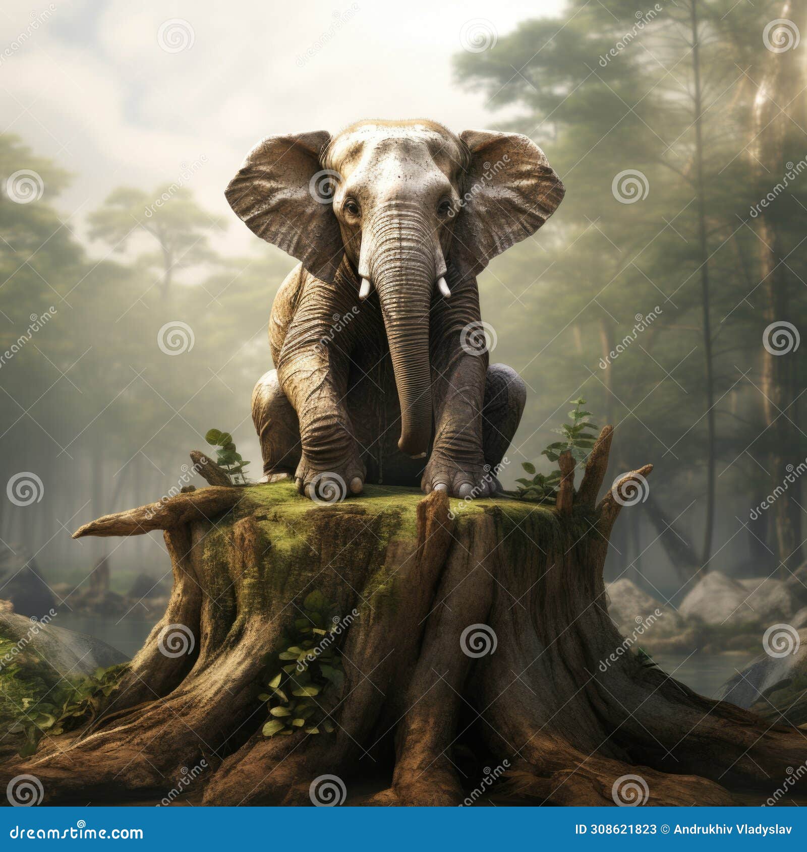 There is a Statue of an Elephant Sitting on a Tree Stump Stock ...