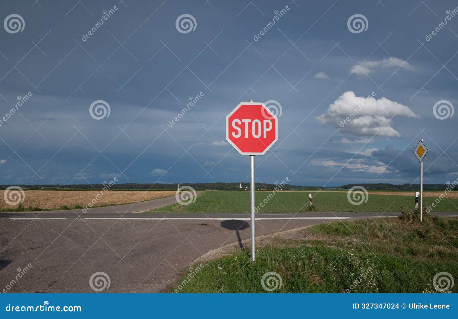 There is a Stop Sign at a Crossroads in the Middle of Fields. in the ...