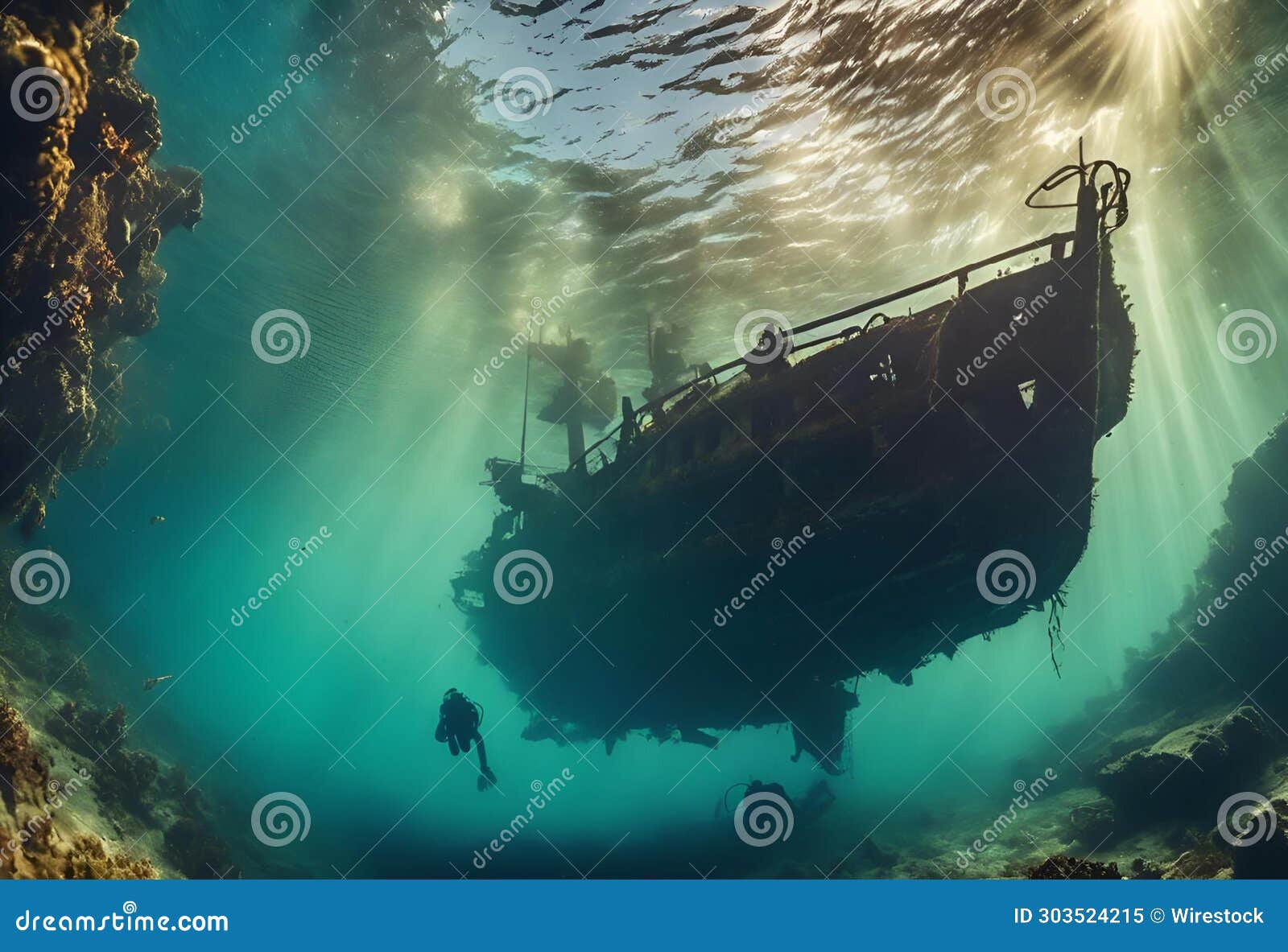 There is a Sunken Ship on the Ocean Floor with Divers Below it Stock ...