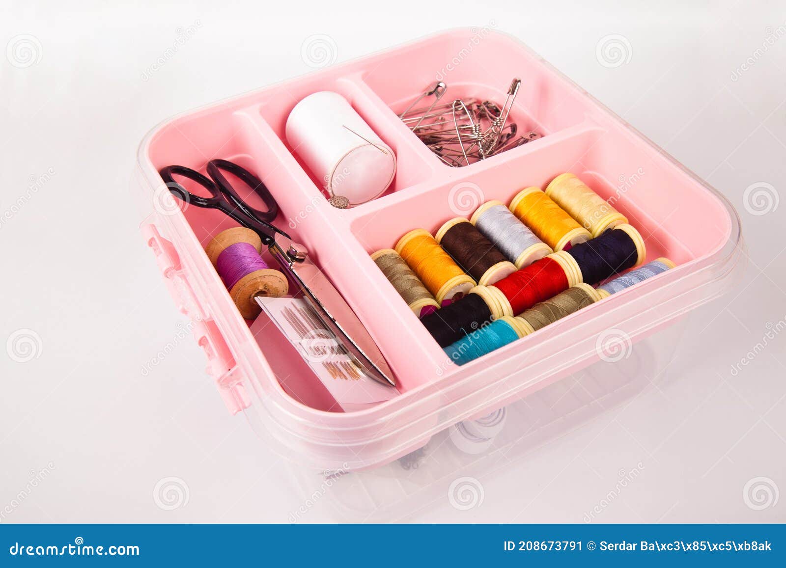 There are Threads Scissors and Needles in a Pink Sewing Box. Isolated ...